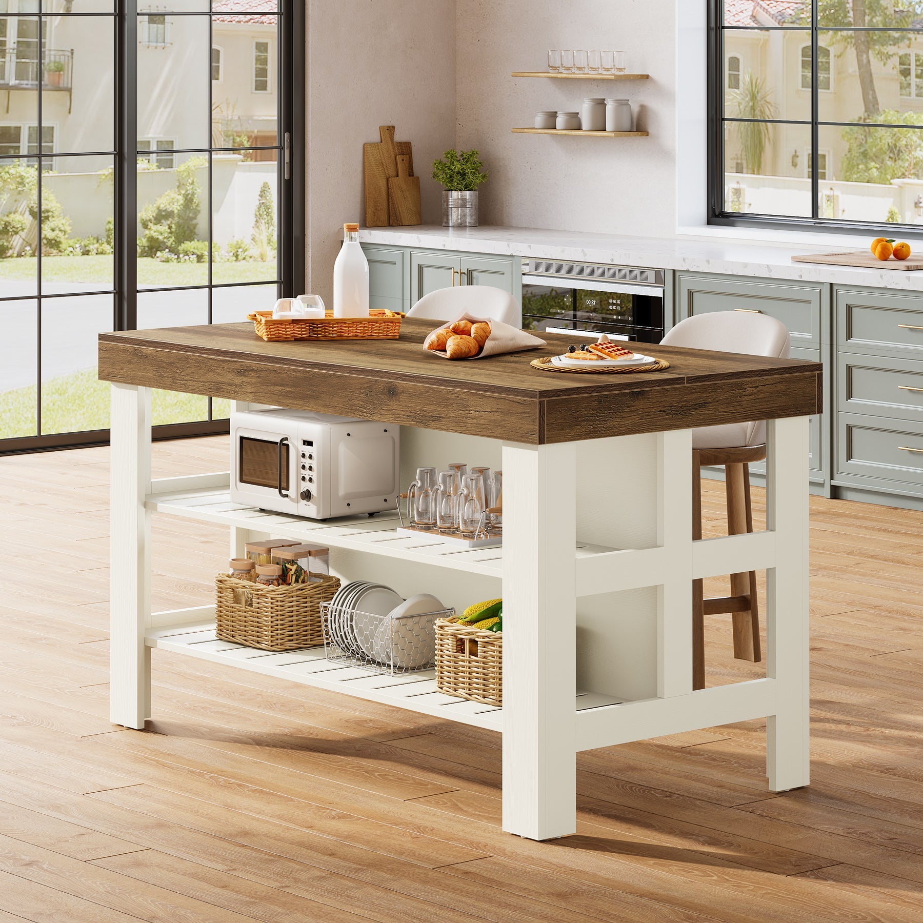 55" Kitchen Island, Breakfast Counter with Seating and Storage Shelves ...