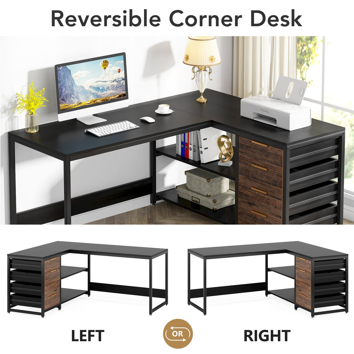 59" Reversible L-Shaped Computer Desk with Drawers & Shelves-TribesignsCA